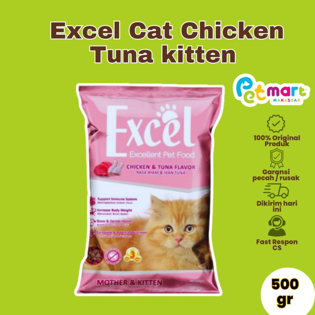 Jual Makanan Kucing Excel Cat Chicken tuna Kitten 500 gr | Shopee Indonesia