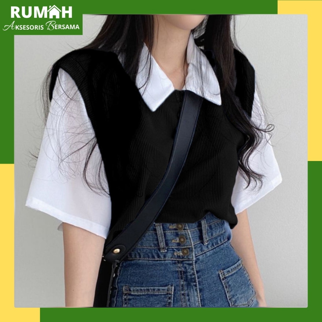 Jual RAB BJ443 Atasan Wanita Korea Kerah Polo Blouse Woman Loose Casual ...