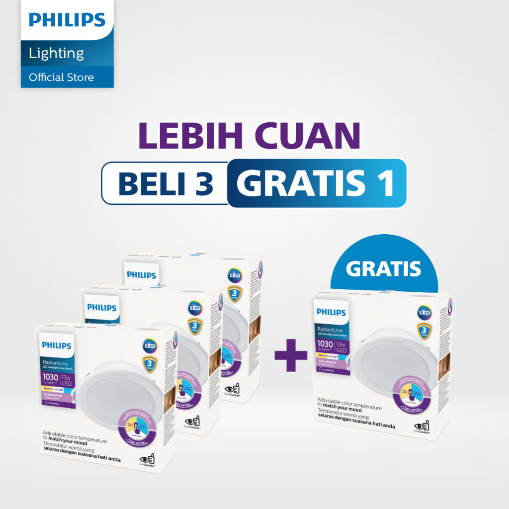 Jual Philips Paket Lampu Beli 3 Gratis 1 Radiantline LED Downlight SceneSwitch 13W D125 3 Warna ...