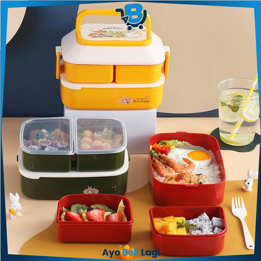Jual Lunch Box Set Anti Tumpah 2 Tingkat dengan Sendok Garpu Praktis / Tempat Makan 2 Susun ...