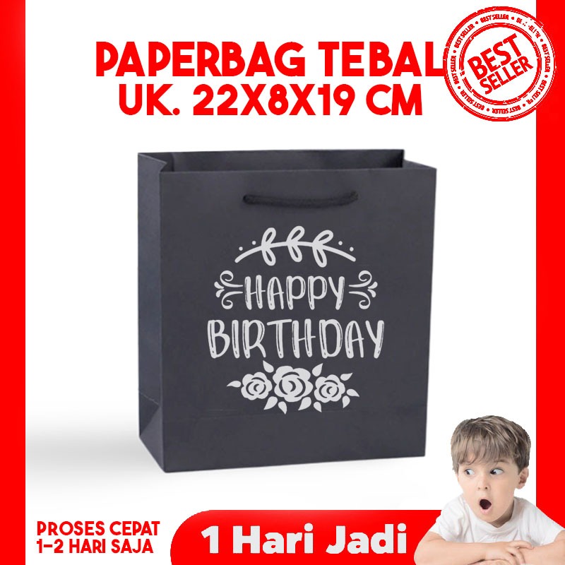 Jual (HITAM) Tas Kertas Ulang Tahun Anak 22x8x19 CM / Paper Bag Kado ...