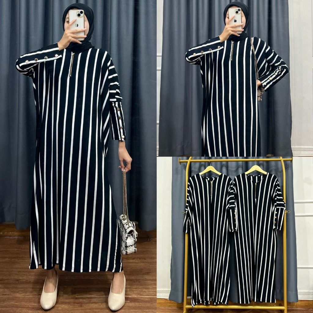 Jual GAMIS INARA MOTIF SALUR HITAM PUTIH BAHAN PREMIUM DENGAN RESLETING DEPAN ALL SIZE LD 130 ...