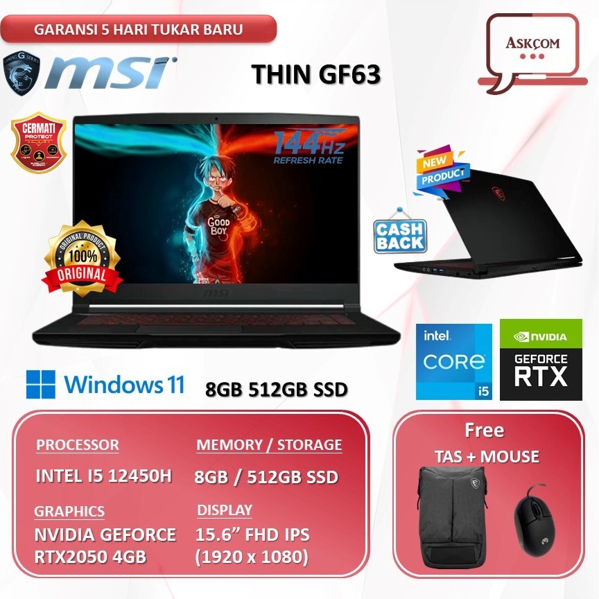 Jual Msi Thin 15 I5 12450H RTX2050 4GB | 16GB 1TB SSD W11 15.6FHD IPS 144HZ B12UCX.2401 | B12UCX ...