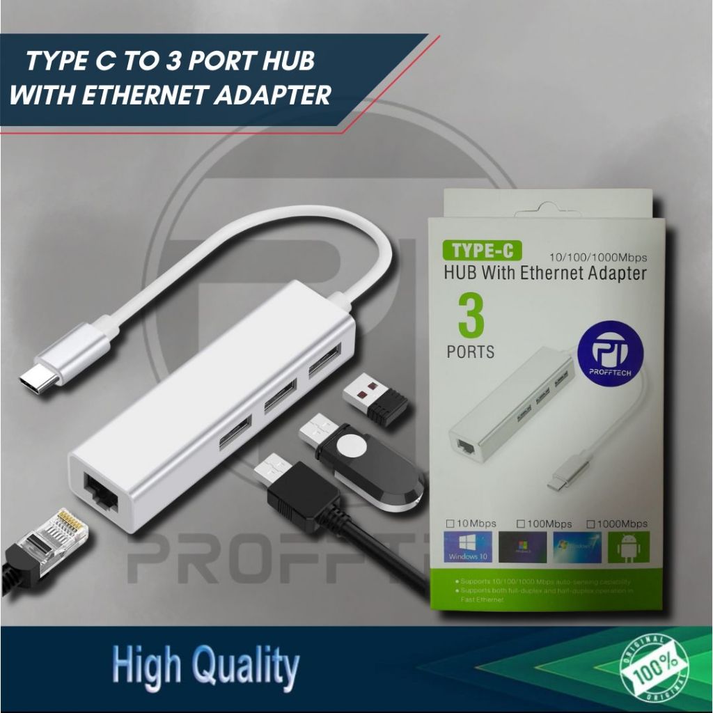 Jual Profftech Adapter USB Type C to LAN RJ45 + USB Hub 3 Ports ...