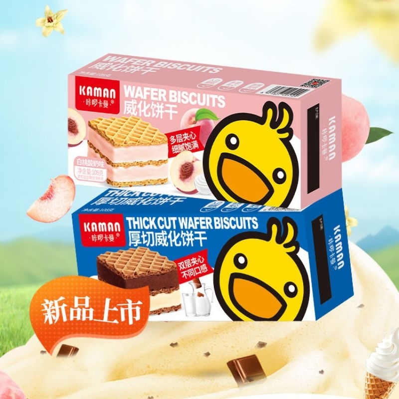 Jual ( HALAL ) READY 1 BOX Kaman thick cut wafer biscuits / wafer peach ...