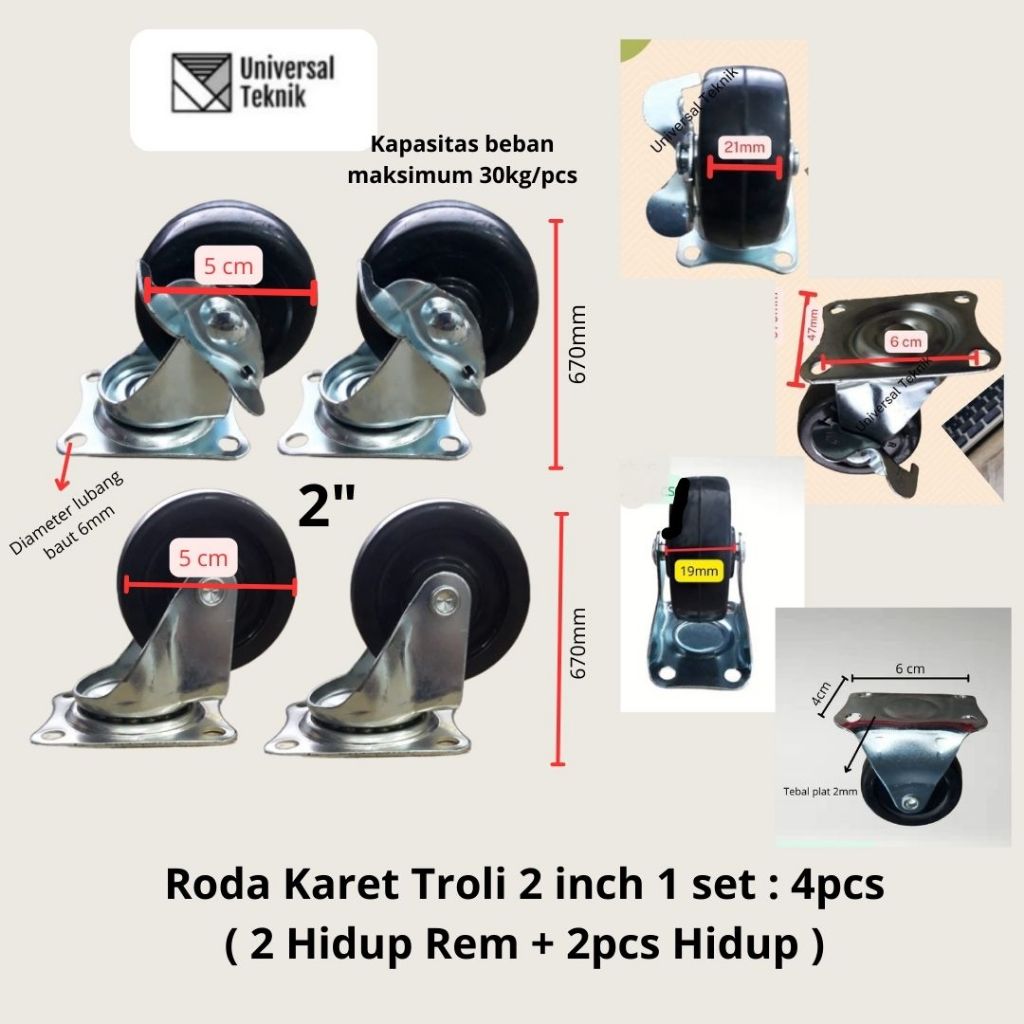 Jual Roda Troli 2 inch karet Troli trolley 1 set = 4pcs ( 2 Hidup + 2 ...