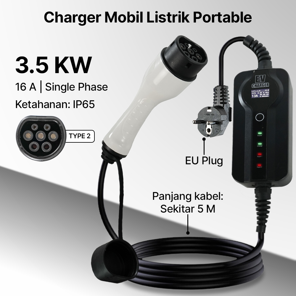 Jual Charger Mobil Listrik Portable EV LED 16A 3.5kW EU Type 2 Hitam ...