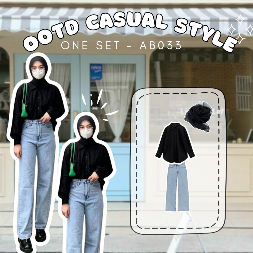 Jual AB033 - ONE SET WANITA | OOTD NONGKRONG CASUAL HIJAB FRIENDLY Ala Pinterest ( KEMEJA HITAM ...