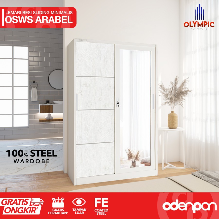 Jual OLYMPIC OSWS ARABEL Lemari Pakaian Baju 2 Pintu Besi Sliding Putih Minimalis Dengan Cermin ...