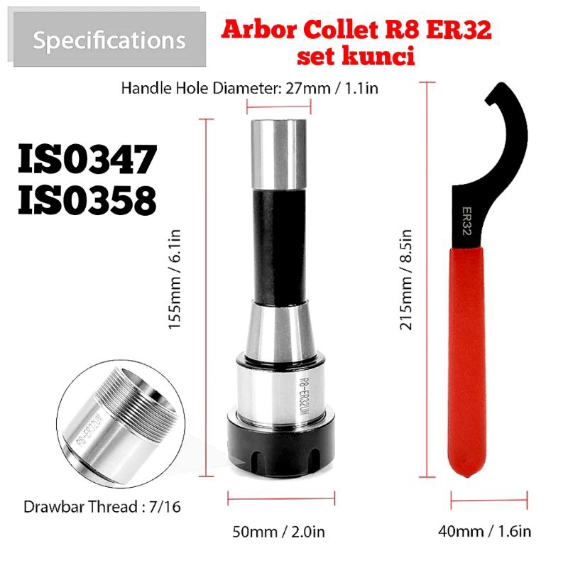 Jual Arbor collet R8 ER32 drat 7/16 x 20 UNF set kunci C er32 cocok utk ...