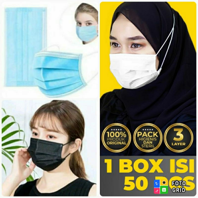 Jual MASKER 3PLY HITAM / BIRU / HIJAB PUTIH 1 BOX ISI 50 PCS | Shopee ...