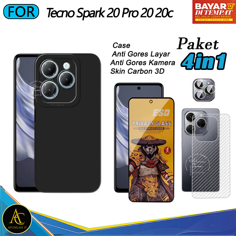 Jual Paket 4in1 Case Tecno Spark 20 20 Pro 20c 10 Pro Go 2024 Softcase Liquid Black Protect ...