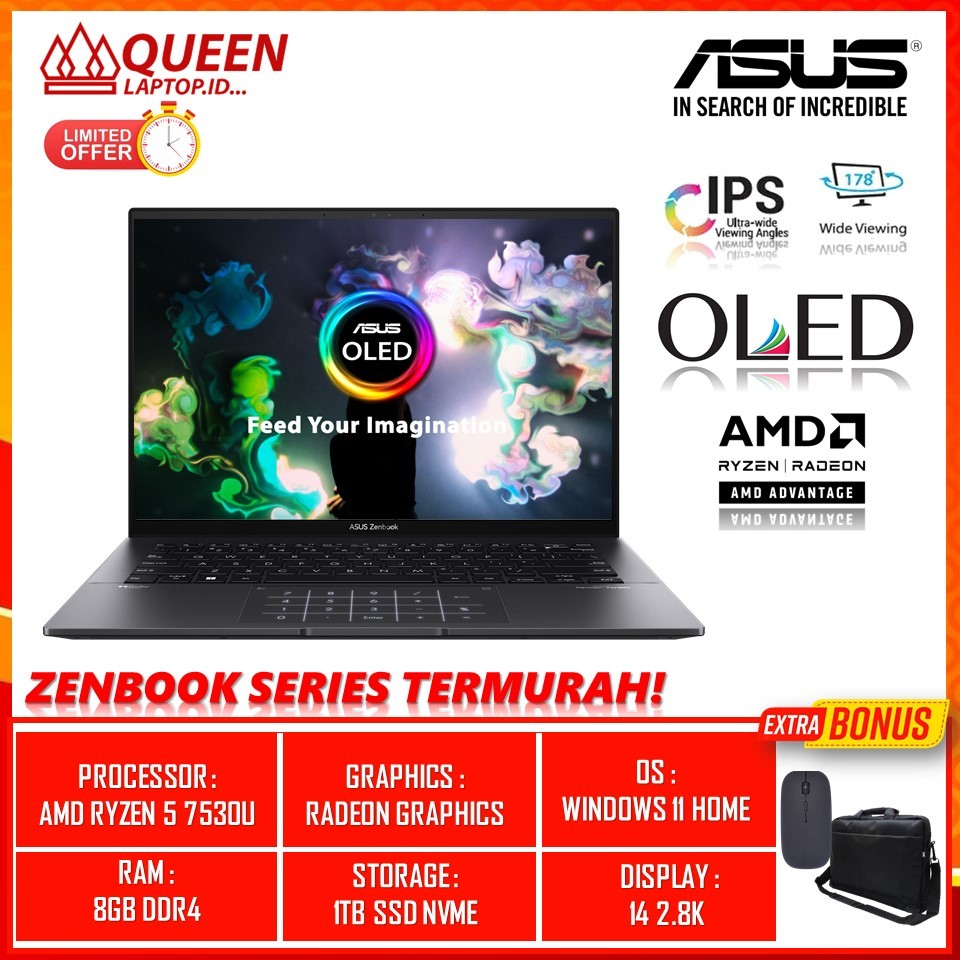 Jual Laptop Asus Zenbook 14 Oled Um3402ya Amd Ryzen 5 7530u 16gb 1tb