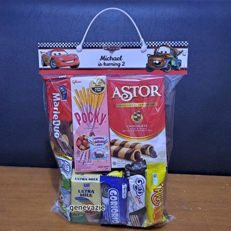 Jual Paket snack ultah anak kemasan label costum/Bingkisan ultah tag ...