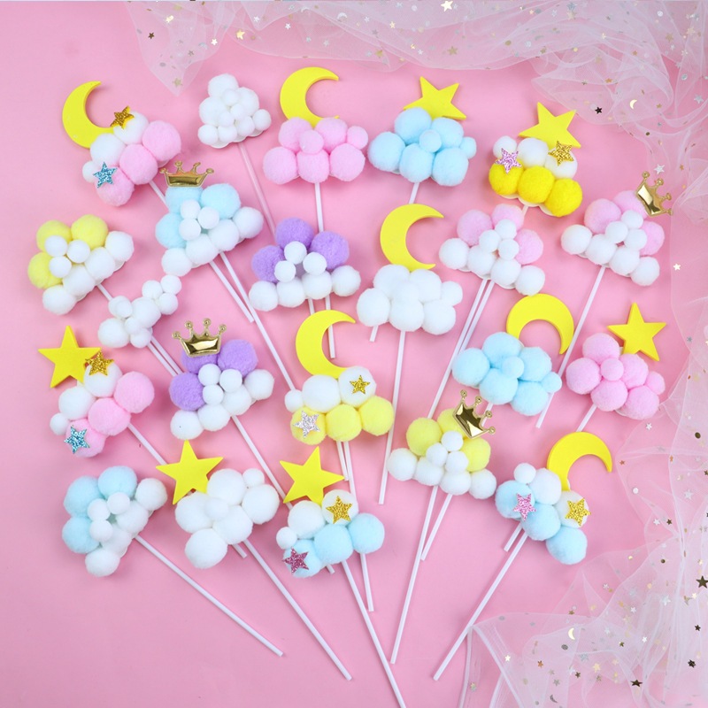 Jual RD Topper Cake Awan Hiasan Kue Awan Bintang Bulan Pompom | Shopee ...