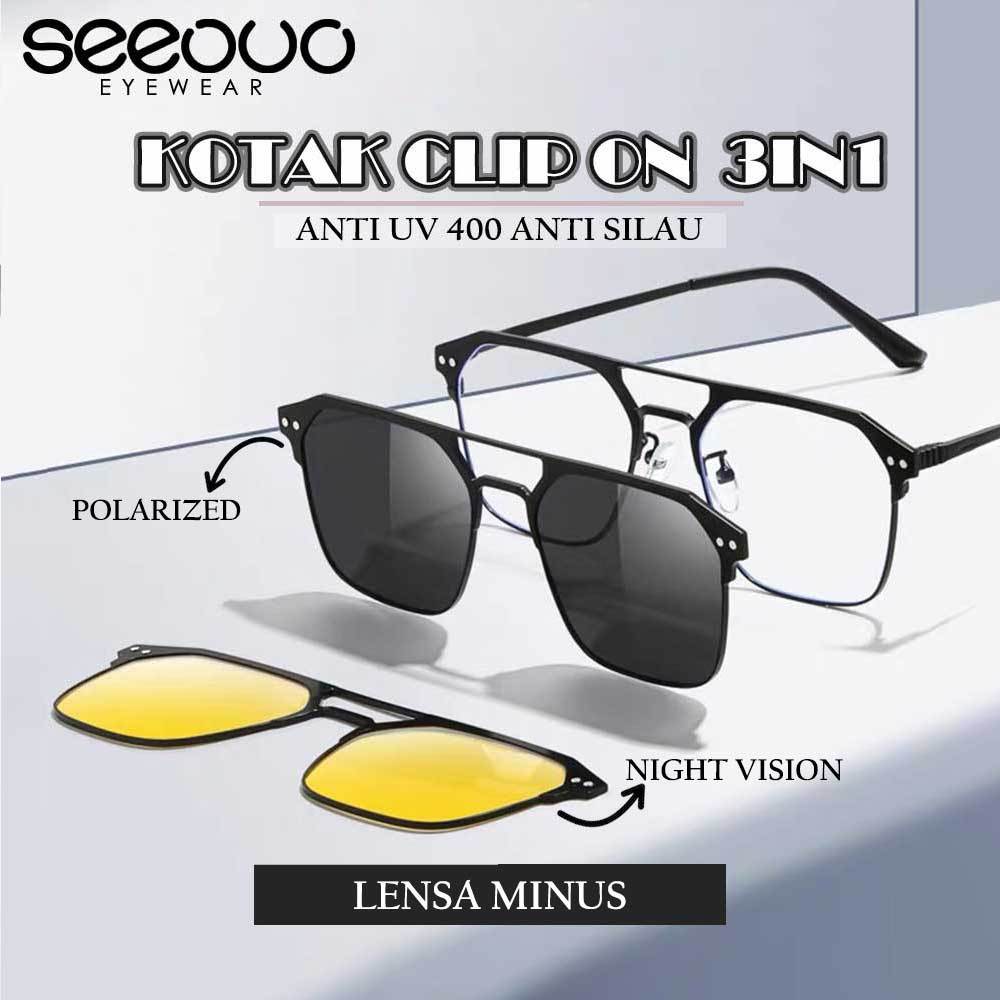 Jual Seeouo Kacamata Clip On 3in1 Polarized Night Vision Lens Model Kotak Double Bridge Metal ...