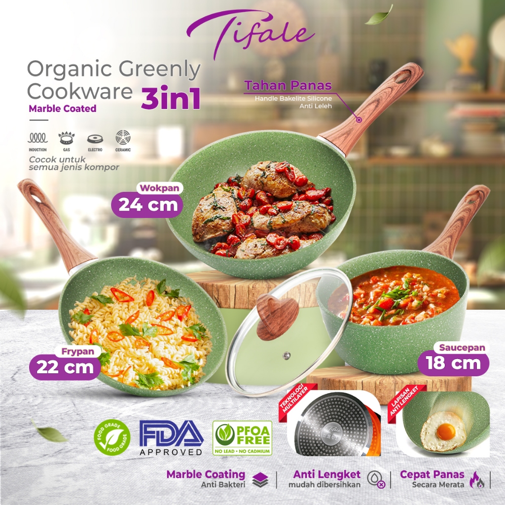 Jual Tifale Organic Greenly SET Cookware Marble Coated Anti lengket ...