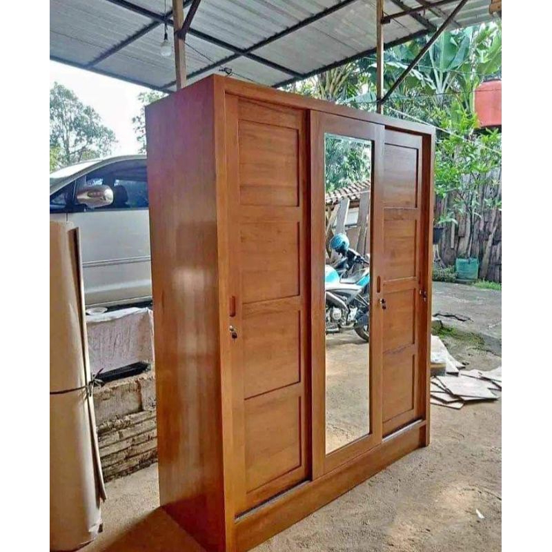 Jual Almari Sliding 3 Pintu Kayu Jati Minimalis Almari Cermin Sliding ...