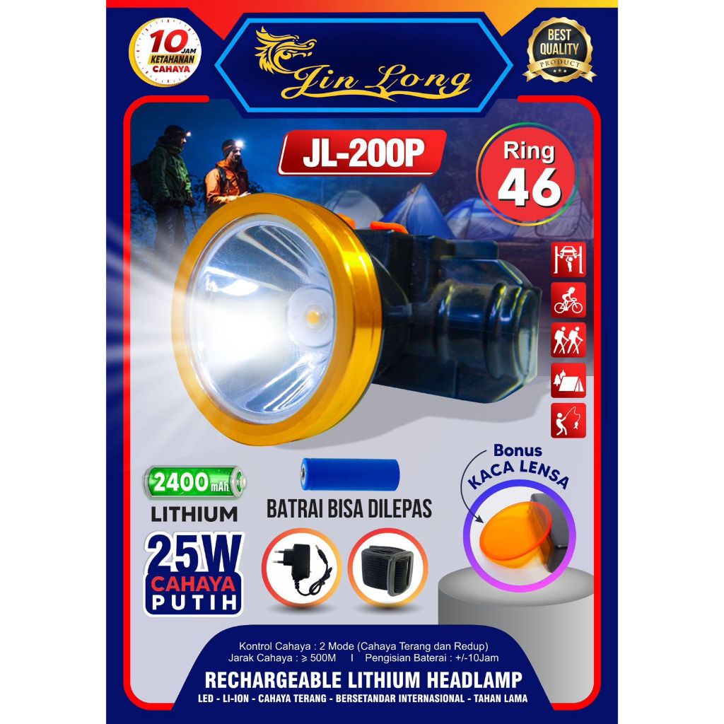 Jual SENTER KEPALA HEADLAMP JL-200P 25W RING 46 CAHAYA SUPER TERANG ...