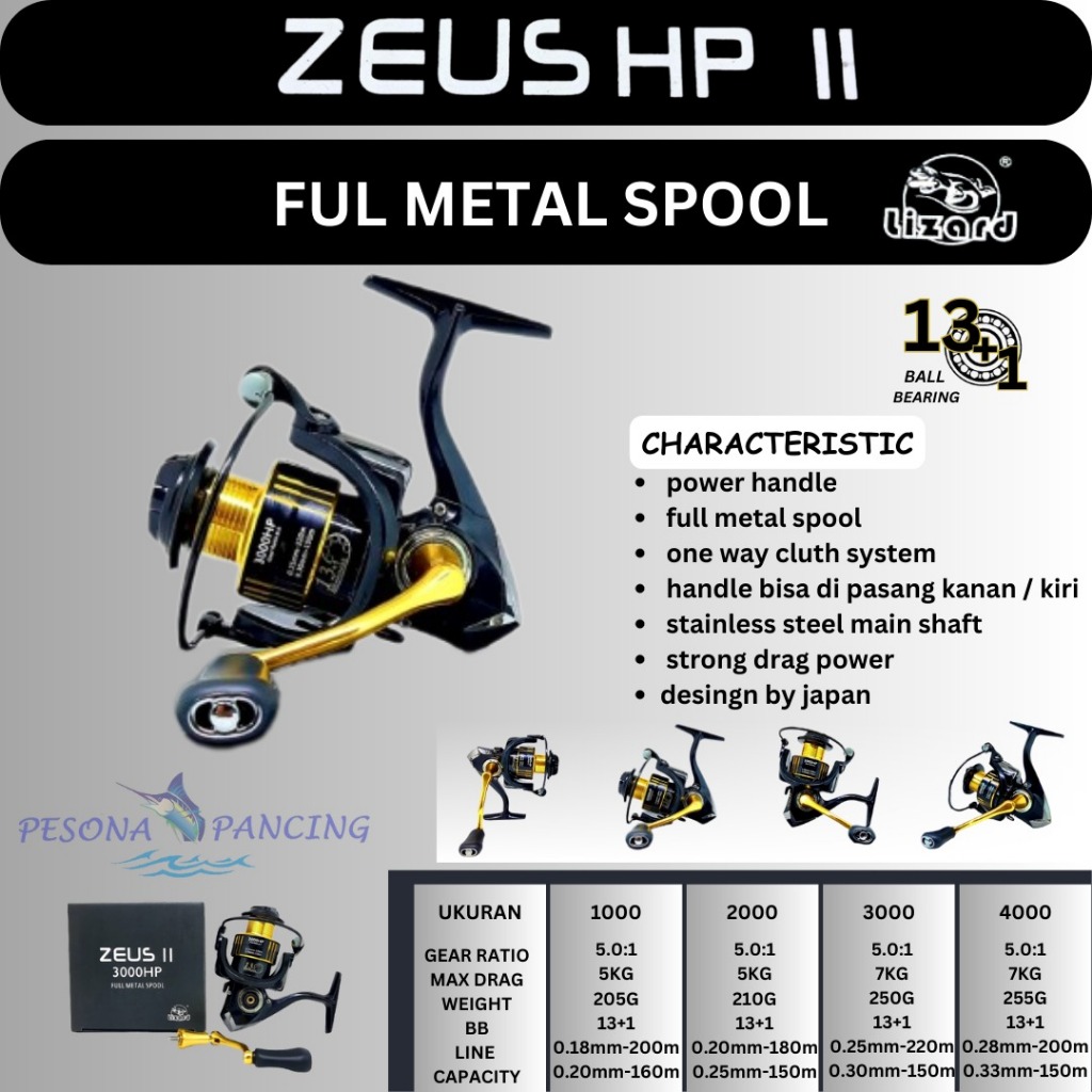 Jual Reel Pancing LIZARD ZEUS HP II 1000-3000 13+1 BB SPOOL METAL POWER ...