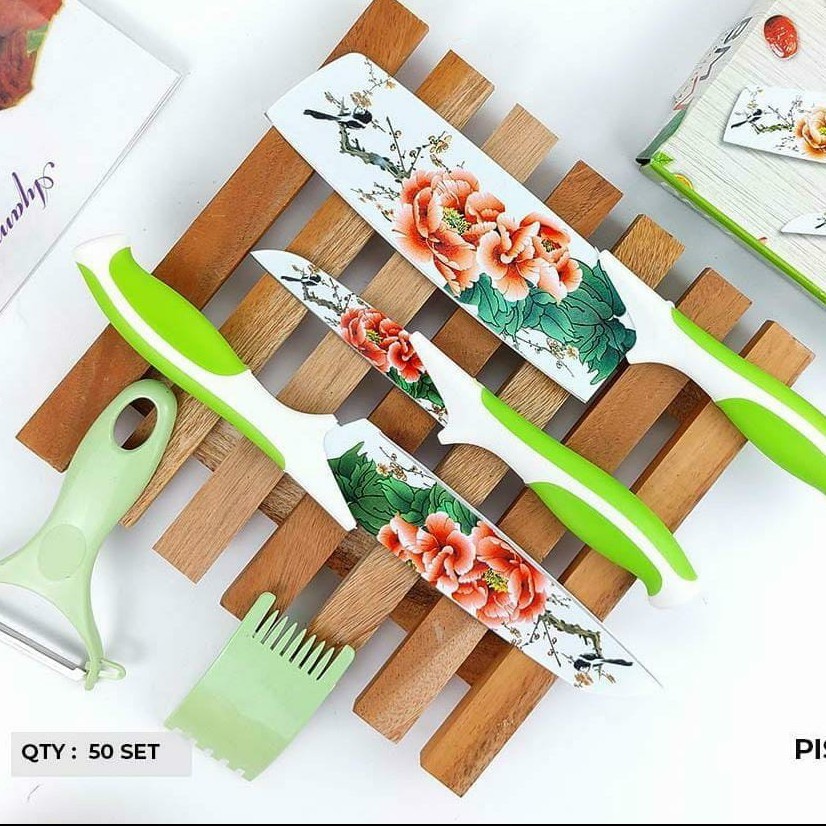 Jual TJ-730 Pisau dapur Set 5 in 1 motif Bunga flower kitchen set super ...