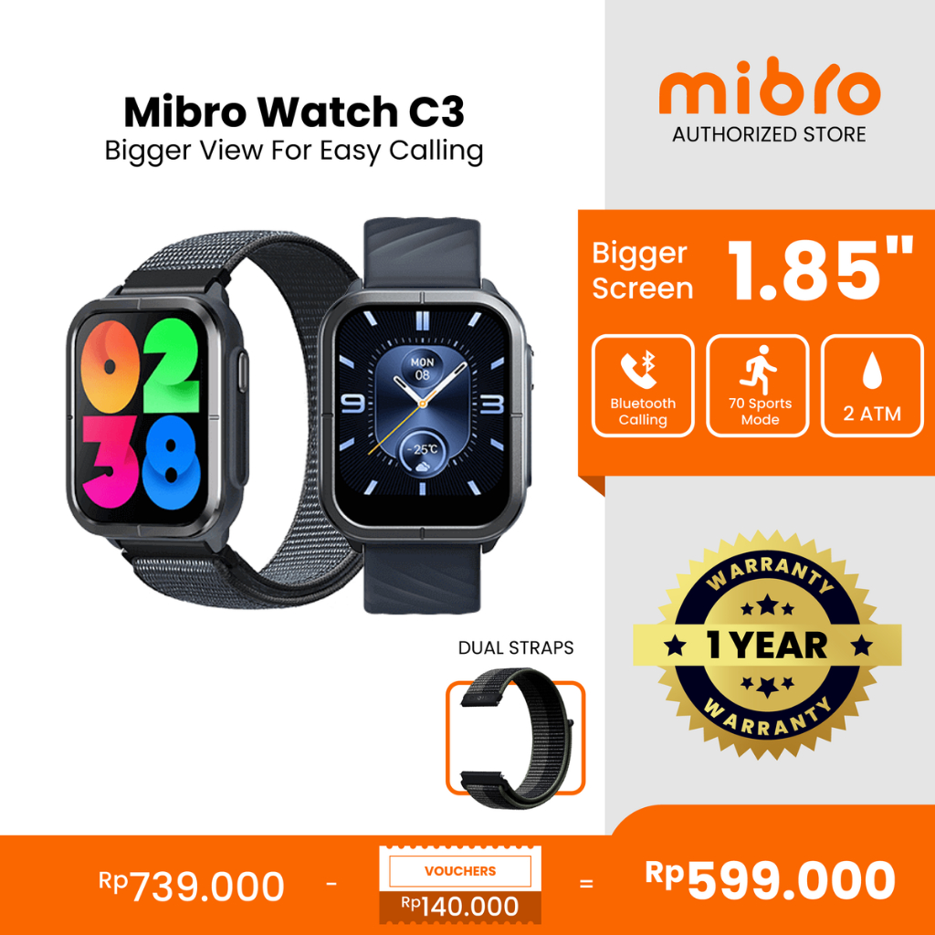 Jual Mibro Official C3 (Bluetooth Calling Watch/ Dual-Straps/ 1.85" HD ...