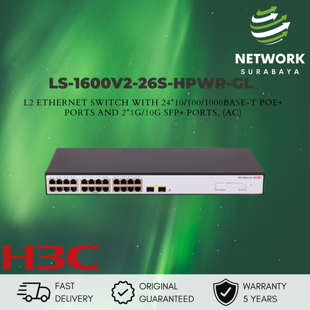 Jual H3C LS-1600V2-26S-HPWR-GL L2 Ethernet Switch with 24*10/100/1000BASE-T PoE+ Ports and 2*1G ...
