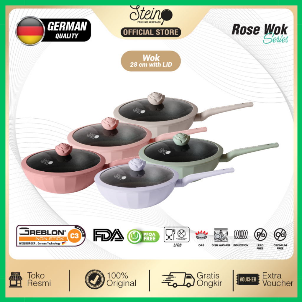 Jual steincookware glamour rose wok pan 28 cm + tutup kaca wajan anti ...