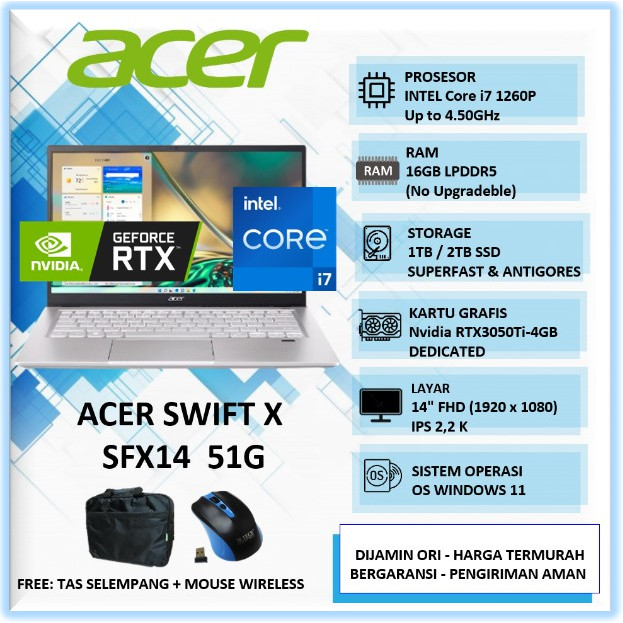 Jual Laptop Ultrabook Acer Swift x SFX14 51G Intel i7 1260P 16GB DDR5 2TB SSD RTX3050Ti 4GB 14 ...