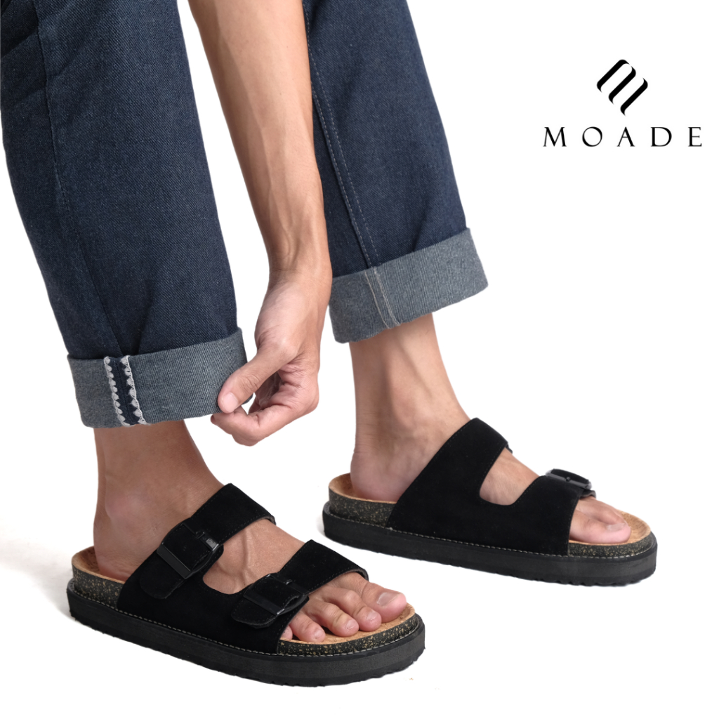 Jual Moade Sandal Slide Footbed Casual Vintage Two Strap Pria Hitam Abu ...
