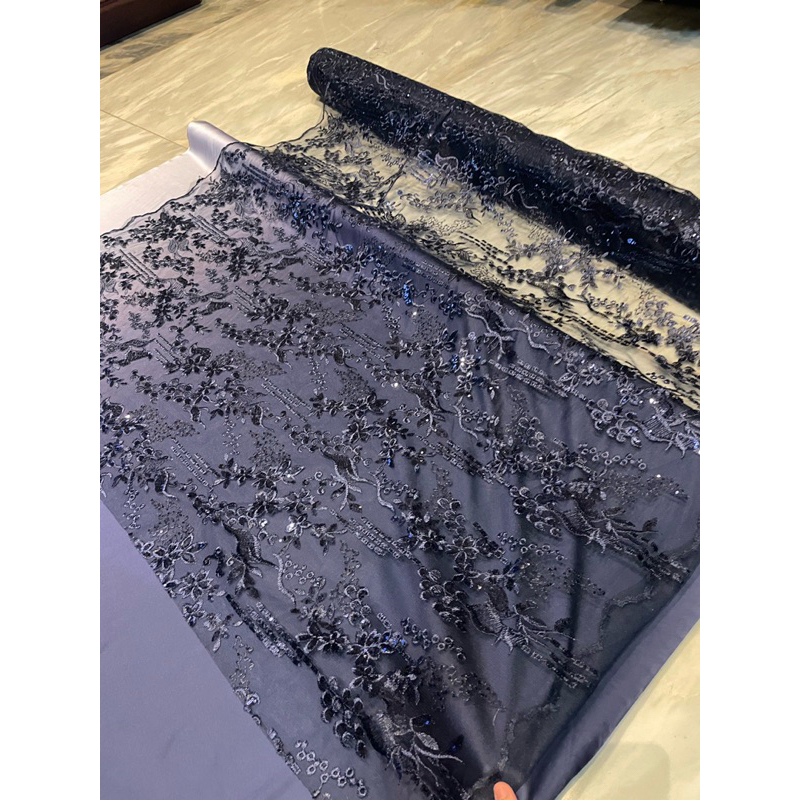 Jual Bahan Kain Brokat Tile Bordir Payet Gracia Warna Biru Navy Dongker ...