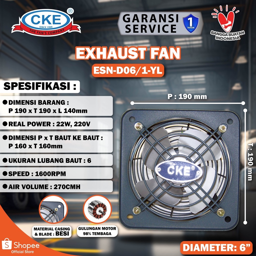Jual CKE Exhaust Fan Standard DBN ESN-D06/1-YL ukuran 6 Inch Kipas ...