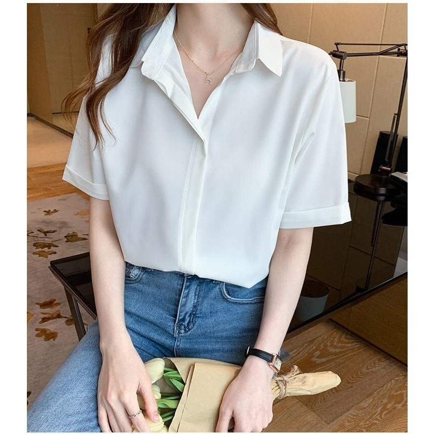 Jual Kemeja Lengan Pendek Blouse Crinkle Blouse Cantik Blouse Pendek ...