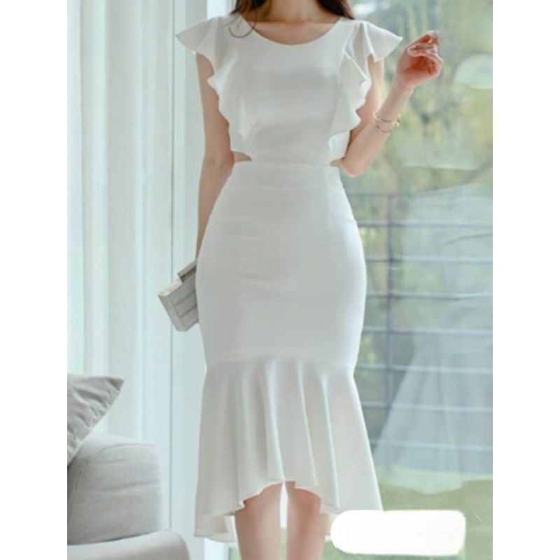 Jual Midi Dress Sexy Ruffle Wings 707121 Scuba Titanium Gaun Semi ...