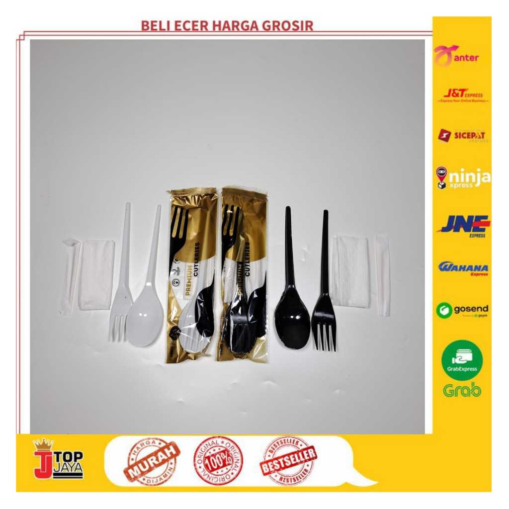 Jual Set Sendok Garpu Plastik Tisu Tusuk Gigi Steril Hyginies Hitam ...