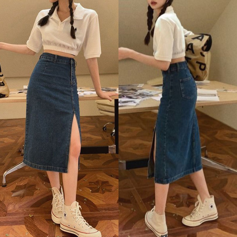 Jual Rok jeans korean style wanita Rok Span jeans panjang belahan ...
