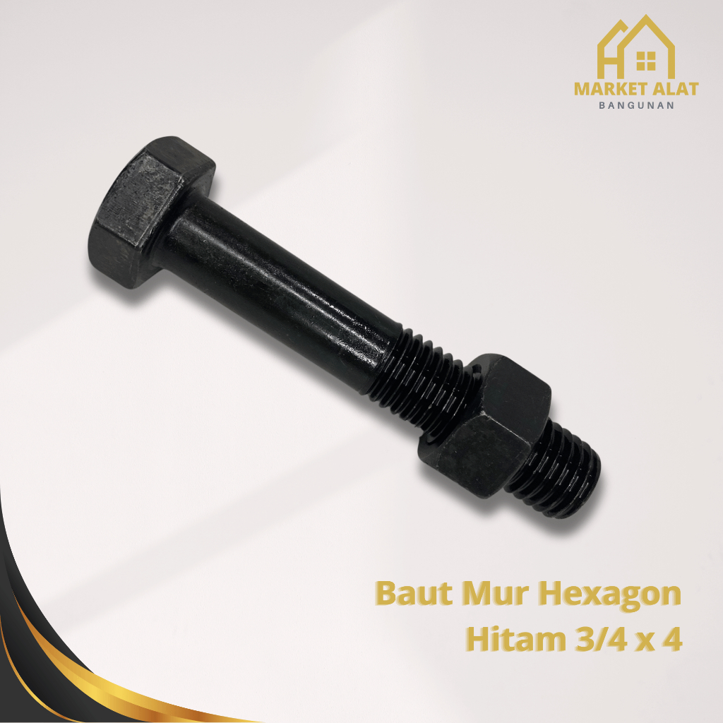 Jual Baut Mur Hitam 3/4” x 4” / Baut Kunci 30 Panjang 10 cm 100 mm Drat Kasar Baja Hitam Hexagon ...