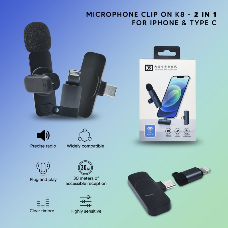 Jual Microphone K8 single mic 2 in 1 Wireless Mic Clip On Type C ...