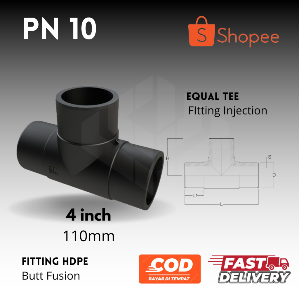 Jual Butt Fusion Equal Tee / T PN10 110mm (4 inch) Fitting HDPE ...