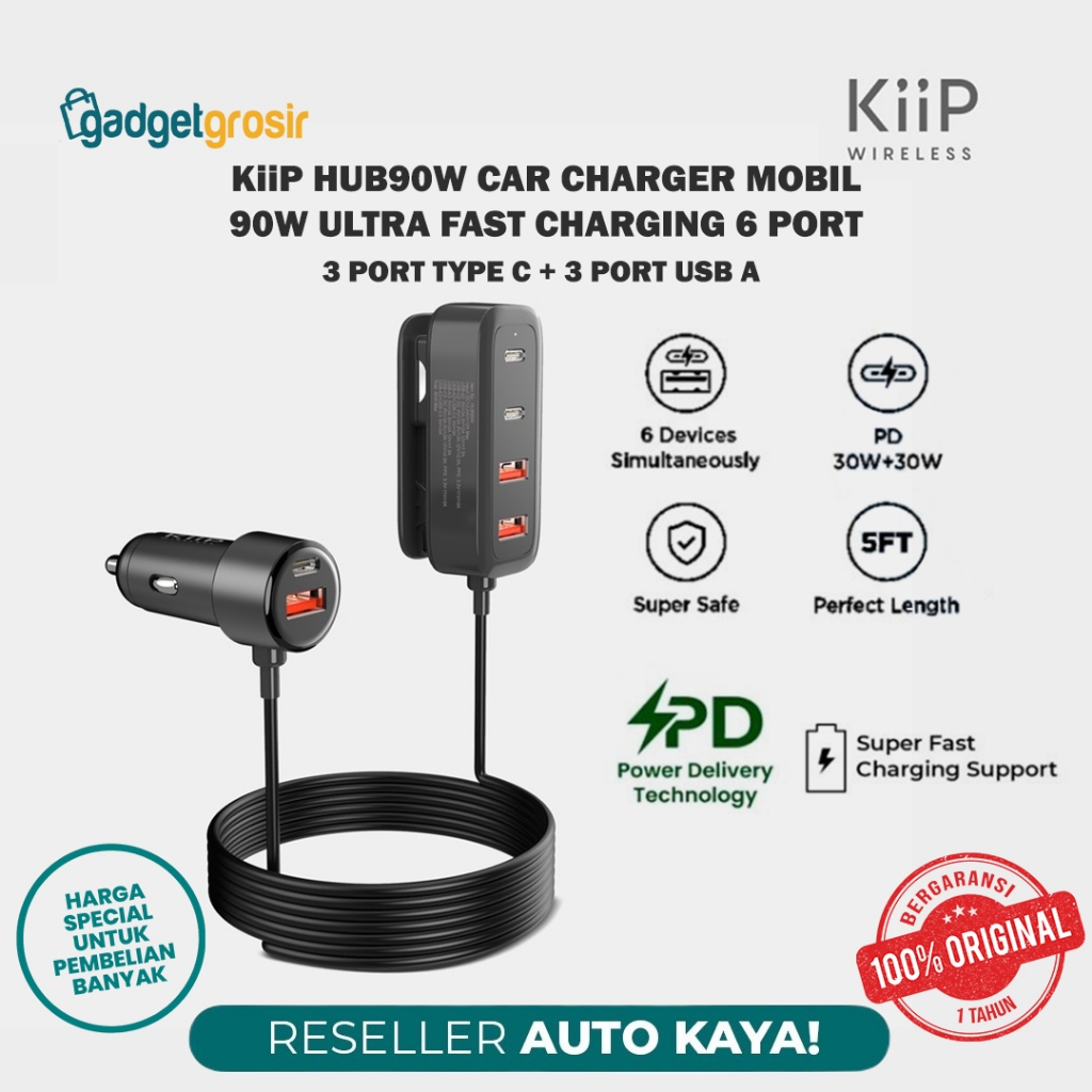 Jual KiiP HUB90W Car Charger 90W Ultra Fast Charging 6 Ports Type-C USB ...