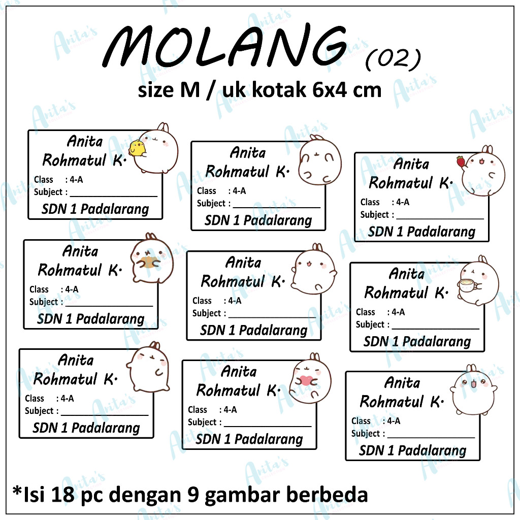 Jual 18pc STIKER NAMA BUKU PELAJARAN ANAK SEKOLAH tema MOLANG 02 | size M / 6x4 cm | CUSTOM ...