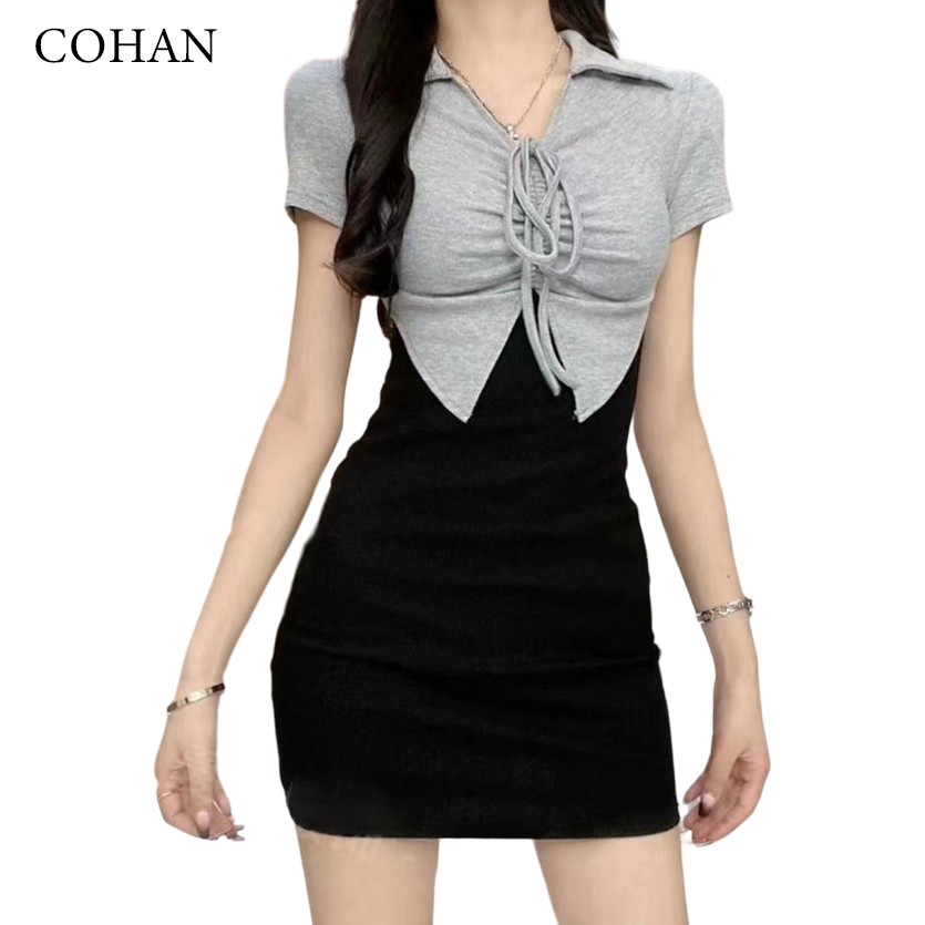 Jual Cohan DR118 Gaun Pendek Lengan Pendek Sexy Tali V-Neck Black Brown ...