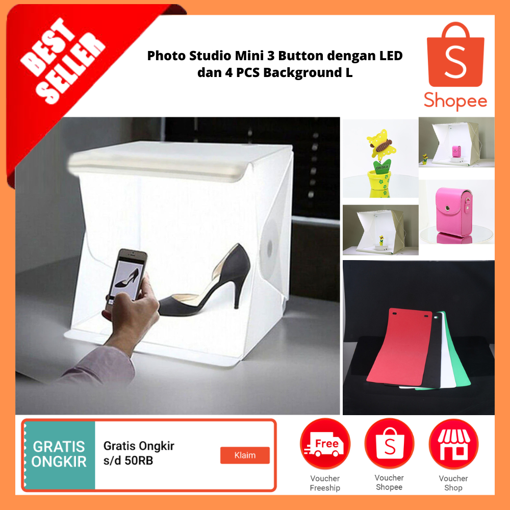 Jual Photo Studio Mini 3 Button dengan LED dan 4 PCS Background L ...