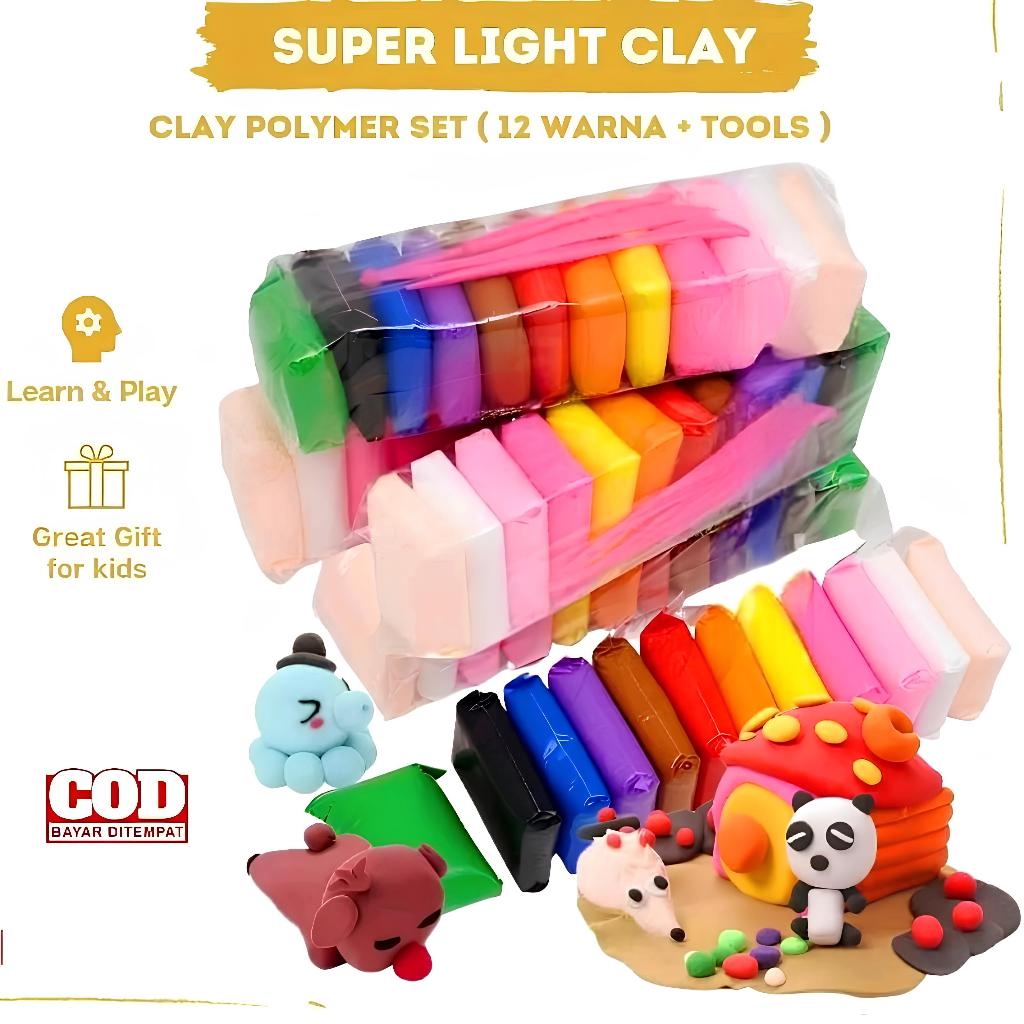Jual [12 Warna + 3 Alat Tool] Super Light Clay Polymer Playdough ...