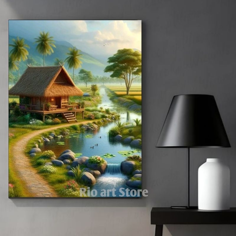 Jual Hiasan dinding poster lukisan ai pemandangan gubuk di sawah untuk ...