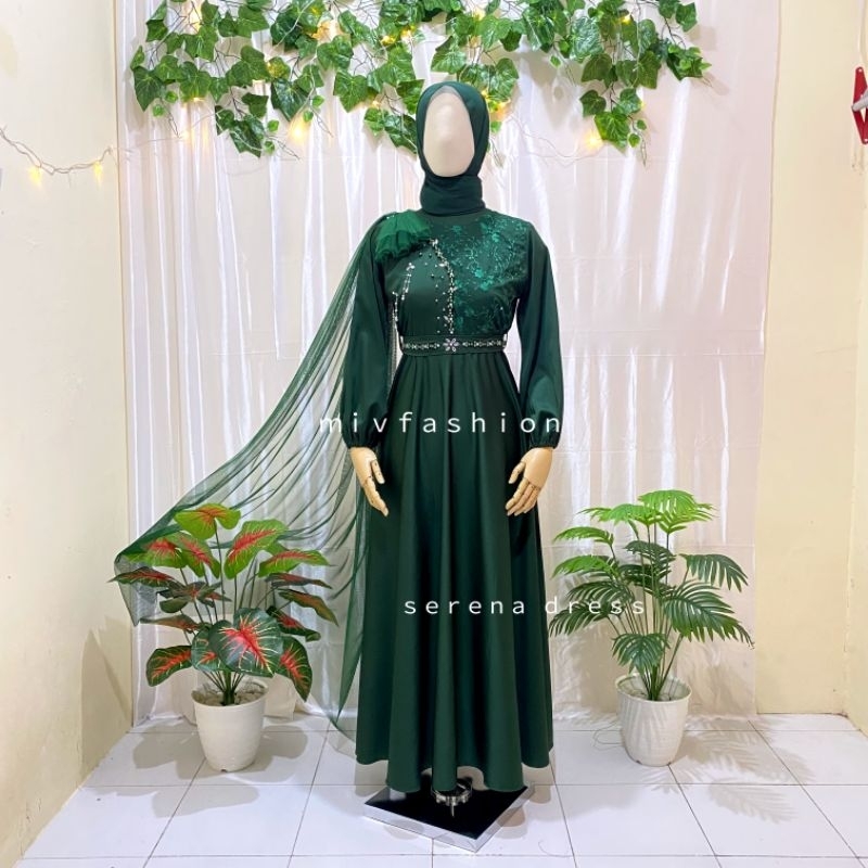Jual serena dress gaun cantik mewah elegan gaun kekinian gaun formal gaun pesta hijau botol ...