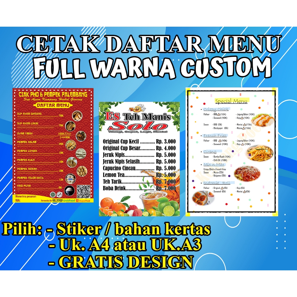 Jual STIKER ATAU KERTAS Cetak Daftar Menu GRATIS REQUEST Ukuran A4 A3 ...