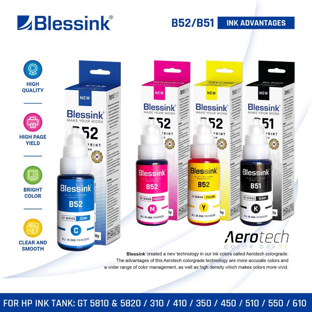 Jual Tinta Blessink GT52 GT51 High Quality For Printer HP Ink Tank 310 410 350 450 510 550 610 ...