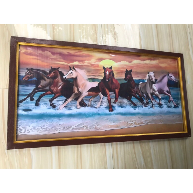 Jual hiasan dinding lukisan cetak gambar 7 kuda plus bingkai uk ...