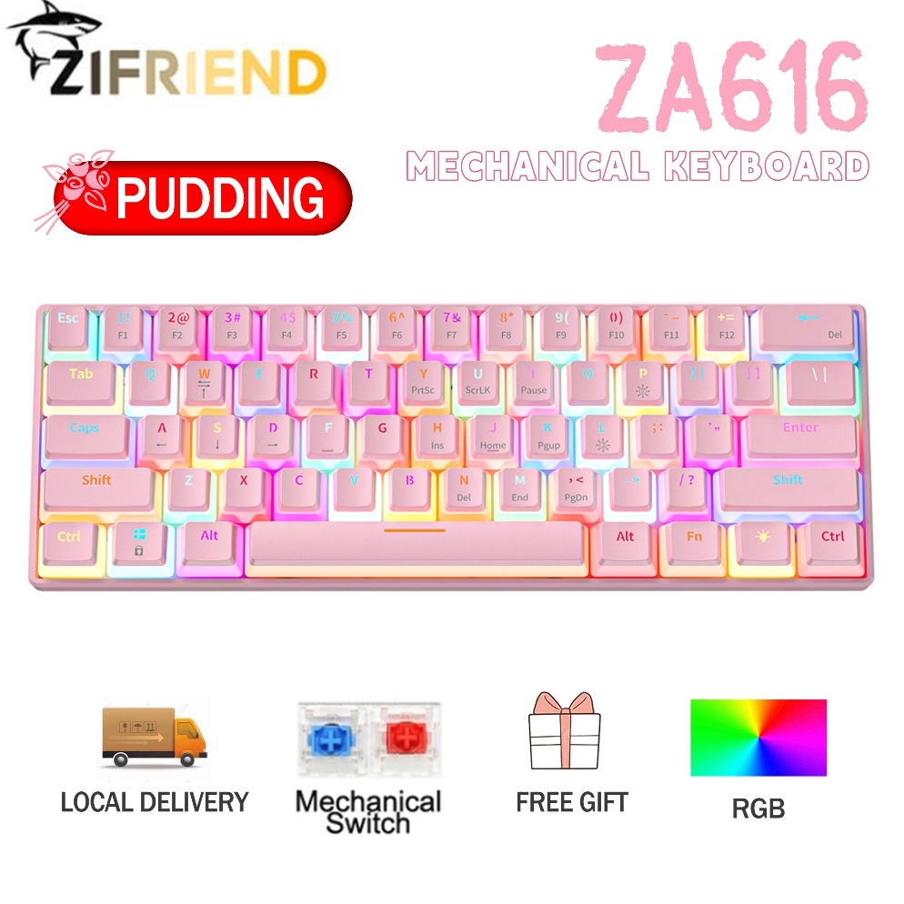 Jual ZIFRIEND ZA616 Mechanical Gaming Keyboard TKL Blue Red Switch Pluggable Black Pudding ...